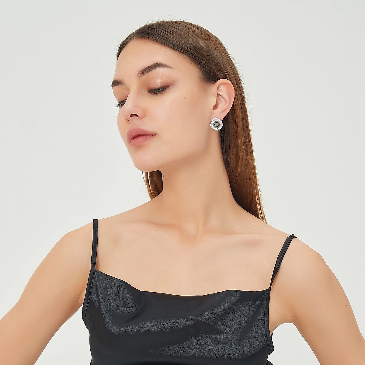 JECWVNZY Women's luxurious Square Grey Crystal Cubic Zirconia Halo Stud Earrings for Wedding Brides, Bridesmaids, Party, Prom