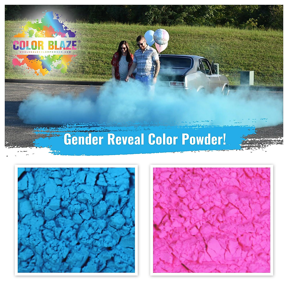 Color Blaze Baby Gender Reveal Powder - 1lb Blue & 1lb Pink Colored Power for Boy or Girl - For Car & Motorcycle Burnout, Color Toss, Photoshoot, and Festival - Pack of 2 Bags with 1 pound - Blue/Pink