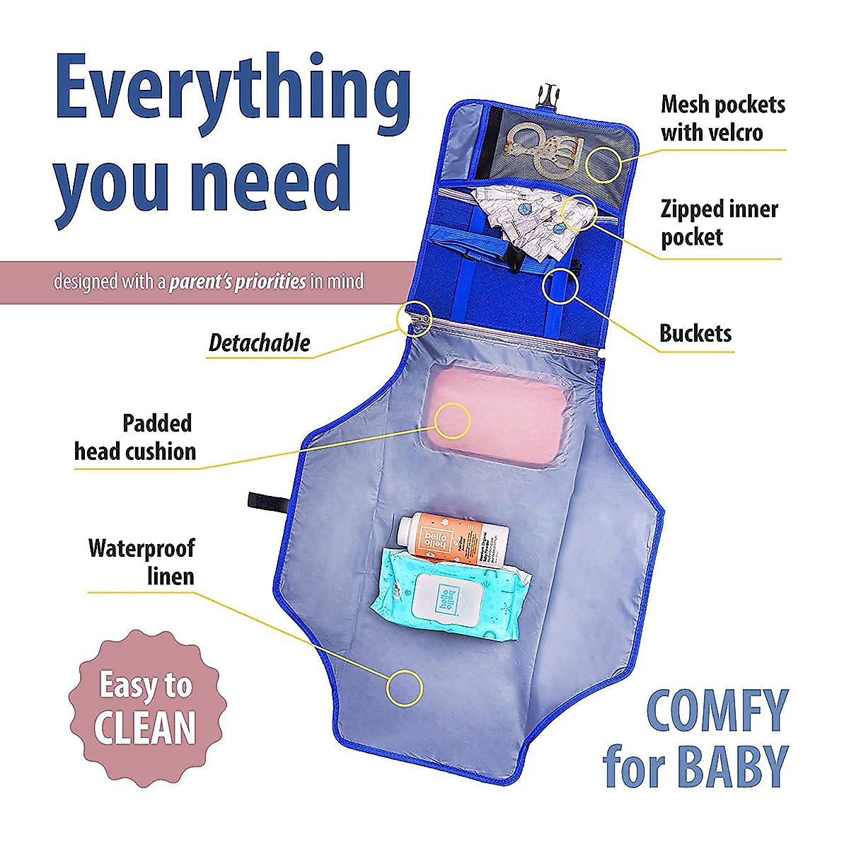 Baby Diaper Caddy Organizer Tote with Portable Baby Changing Pad Bag and Mini Elephant Hand Sanitizer Holder Perfect for Nursery Changing Table Baby Shower or Moving Room to Room (Large, Baby Blue)