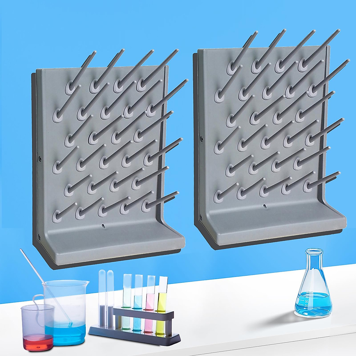 2 Pack Lab Drying Rack 27 Pegs Laboratory Glassware Rack PP Drying Rack Wall-Mount Bottle Drying Rack Desk Top Draining Rack Lab Supply Drying Rack Cleaning Equipment for School Lab Utensil
