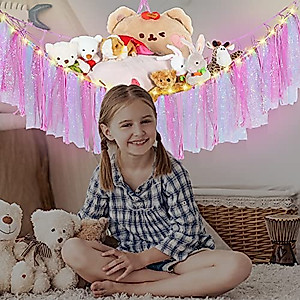 2 Packs Stuffed Animal Net or Hammock with LED Light Plush Toy Hammock Stuffed Animal Storage Holder Hanging Kids Toy Organizers and Storage Net with Tassels for Kids Bedroom Nursery Play Room Decor