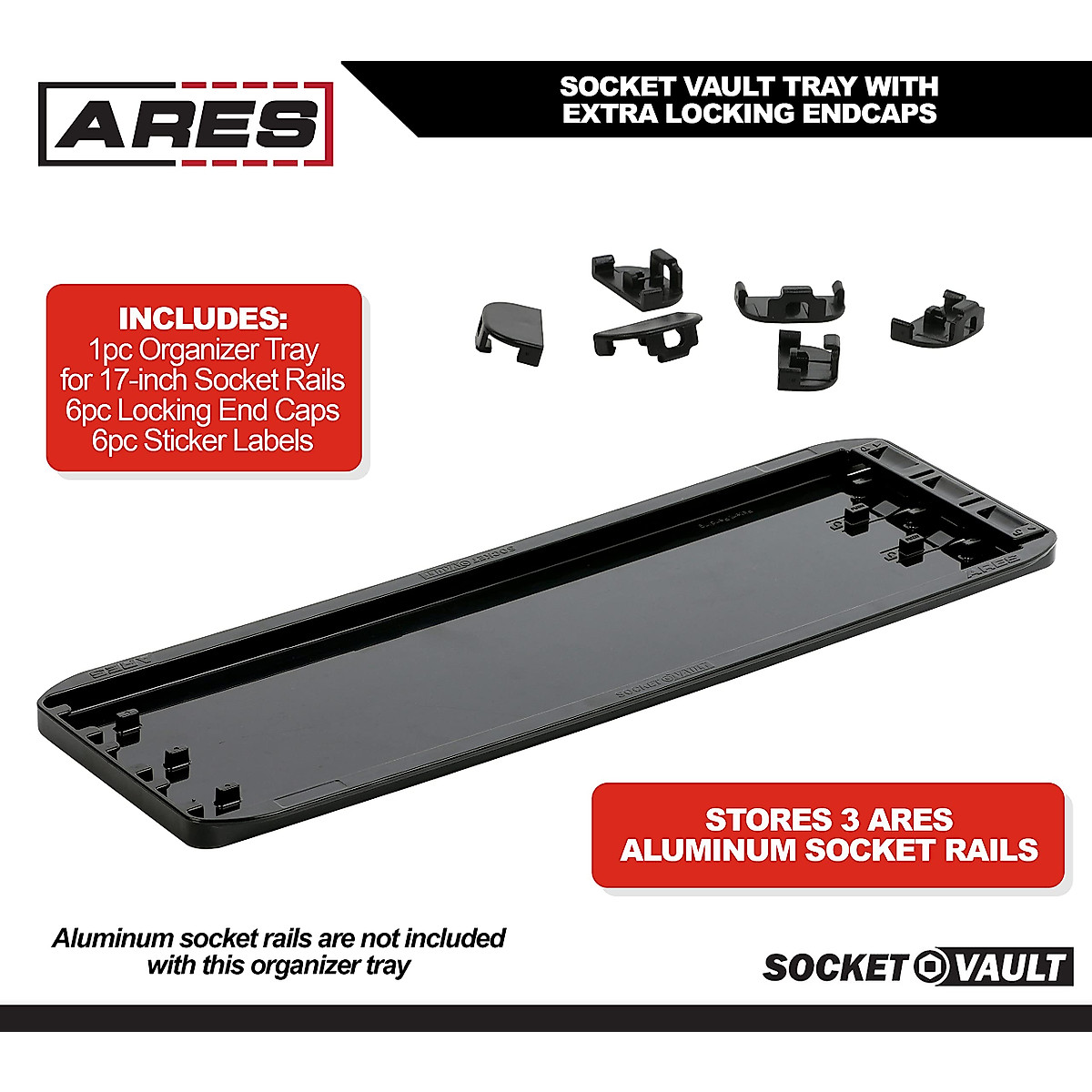 ARES 60142 - SOCKET VAULT 3-Piece 17.5-Inch Socket Rail Organizer Tray – Reinforced Plastic Tray Locks 3 17-Inch Aluminum Rails in Place – Includes 6 Locking End Caps for ARES Aluminum Socket Rails