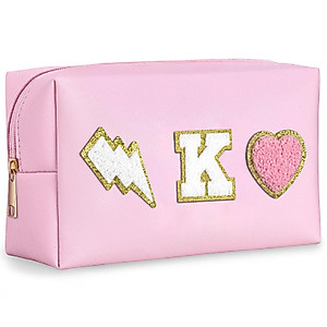 TOPEAST Preppy Makeup Bag Initial Chenille Letter Bag Cosmetic Bag Portable Travel Toiletry Bag, Personalized Birthday Gift for Women Girls, Preppy Travel Stuff for Girls, Pink K