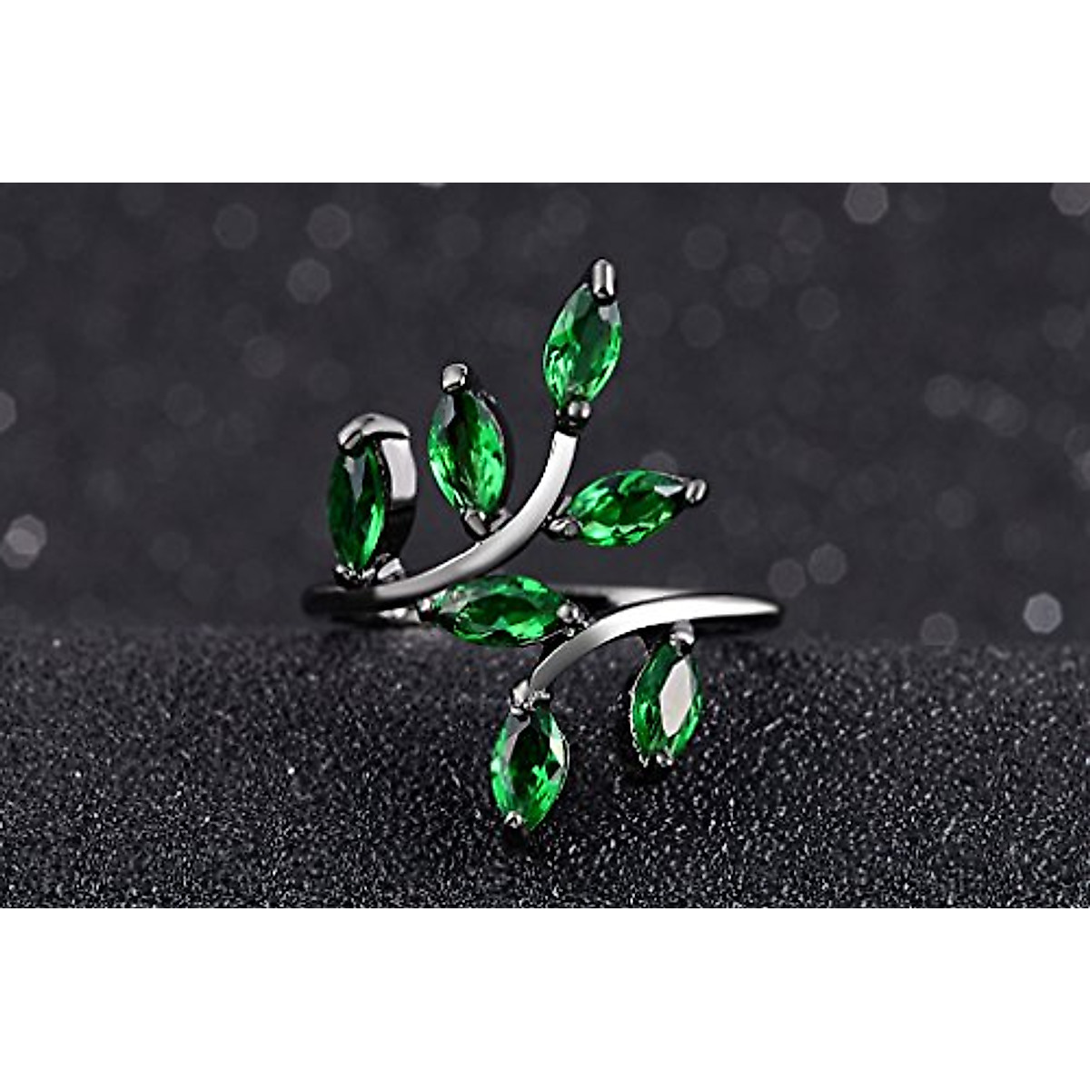Huanhuan Jewelry Black Gold Plated Ring Marquise Cut Seven Green Cubic Zirconia Adjustable Leaf Design For Womens Girls Bridal Wedding Band Ring Unique Anniversary Gift Size 10
