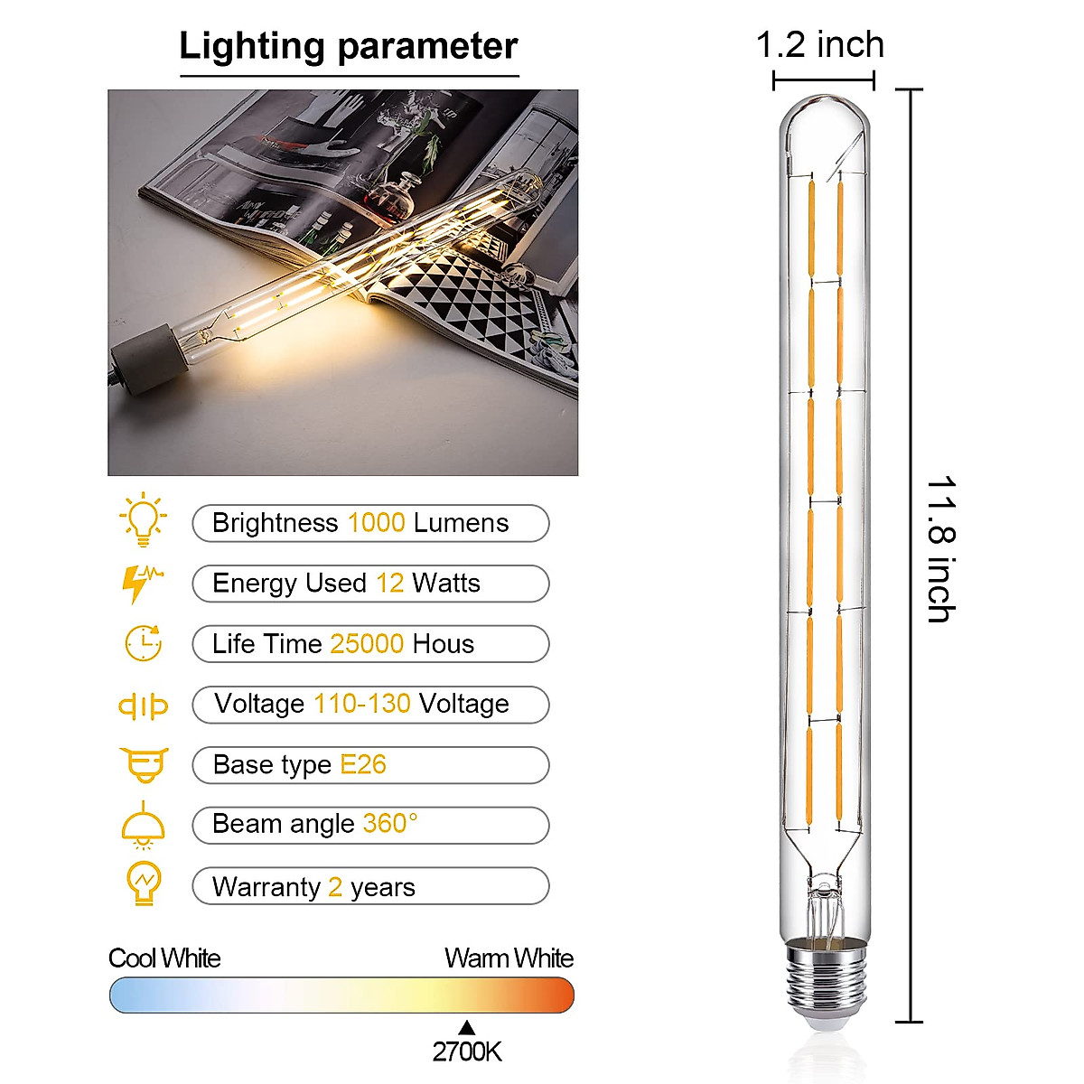 TIANSHQ LED Tube Bulbs,T10 Tubular Edison Style LED Filament Bulb, 12W Dimmable Antique LED Bulb,E26 Base,Clear Glass,Warm White,2700K,1000LM(75-100W Equivalent),11.8in,6Pack