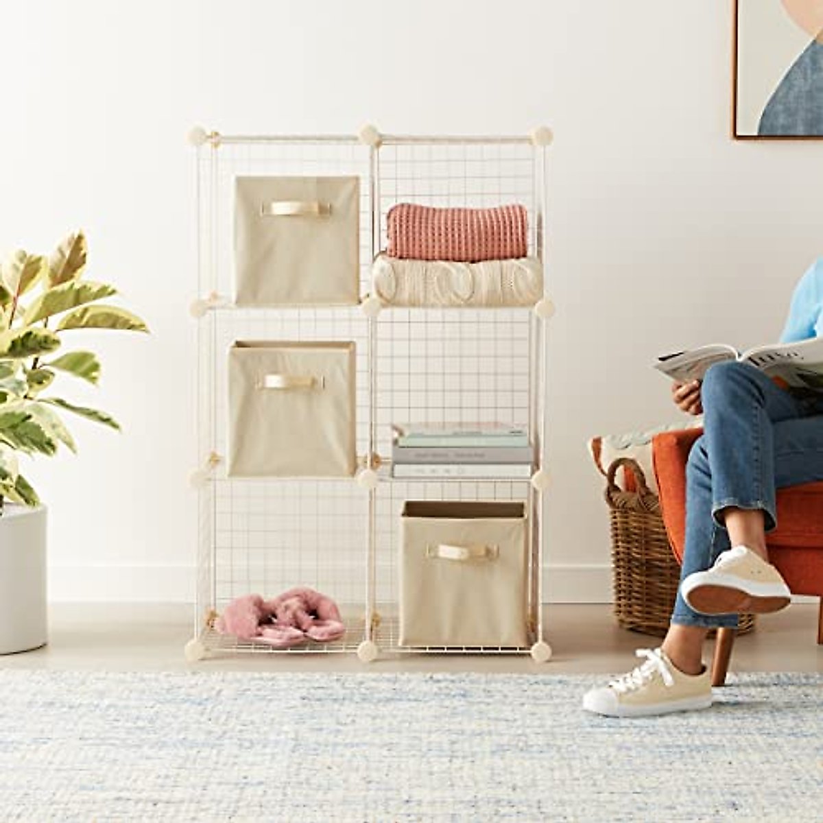 Amazon Basics 6 Cube Wire Grid Storage Shelves, Stackable Cubes, White, 14.6" D x 30.3" W x 44.8" H
