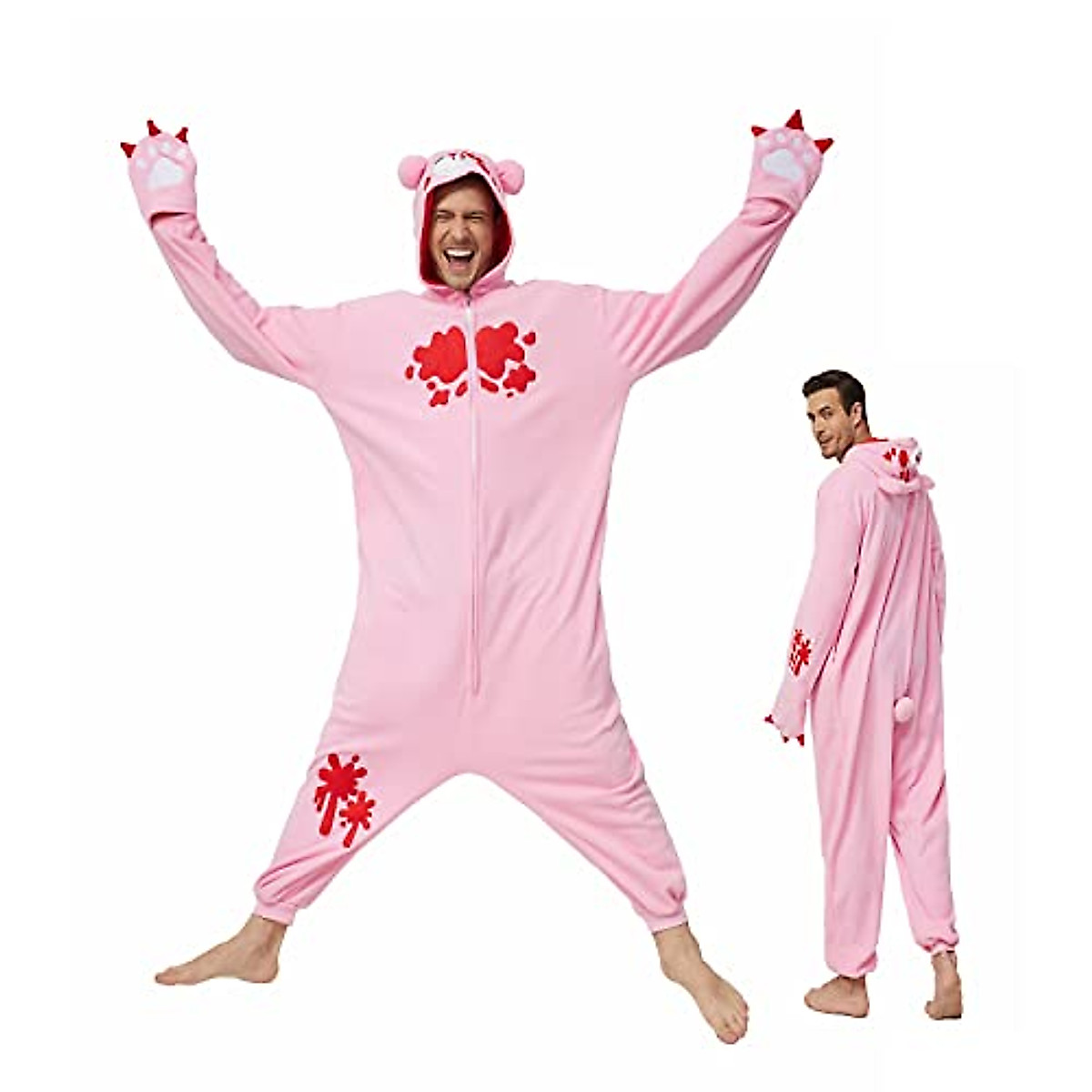 Kigrucme Unisex Adult Cartoon Onesie Pajamasr One Piece pink Bear Animal Costume Halloween Cosplay Homewear Anime Costume(pink,l)