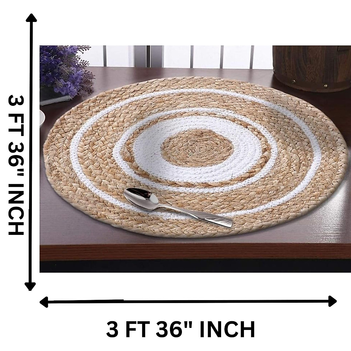 100% Jute Area Rug Approx 3 Feet - Braided Design Hand Woven Natural White Rings Carpet - Home Decor for Living Room Hallways - Round Natural Fibers 36" inch