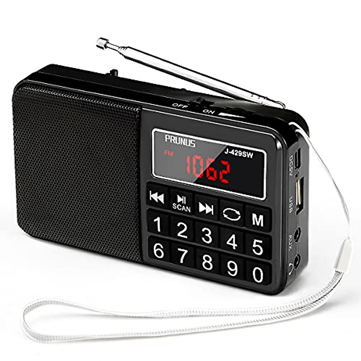 PRUNUS 429 Small Radio, Pocket Radio, AM FM Radio Plug in Wall, Large Button, Neodymium Speaker, Auto Save, USB Flash Drive, SD Card AUX Input MP3, Shortwave Radio for Elderly and Senior(Black)