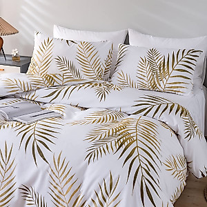 Megsv Leaves Duvet Cover Set Golden Tropical Leaf Comforter Cover with Pillow Sham Soft Bedding Set No Comforter (King)