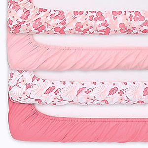 The Peanutshell Floral & Blush Pink Fitted Crib Sheet Set for Baby Girls - 4 Pack Set - Floral Punch & Solid Pink