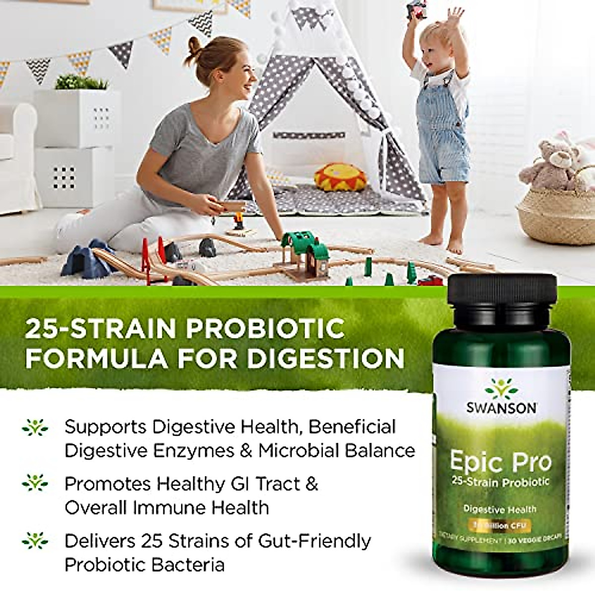 Swanson Epic-Pro 25-Strain Probiotic 30 Billion CFU Digestive Health Immune System Support Prebiotic Nutraflora FOS 30 DRcaps Veggie Capsules (Caps) (4 Pack)