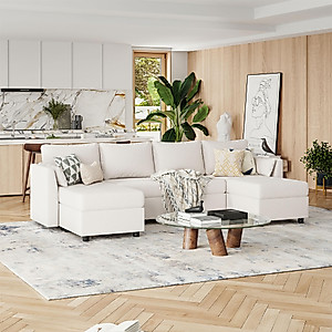 Mangodan Modular Sectional Sofa with Storage, Convertible 6 Seat Sectional Couches for Living Room, U Shaped Sectional Sofa with Chaise, Comfy Sectional Sleeper Sofa, High Supportive Sponge-Beige