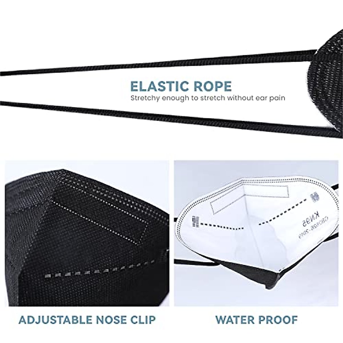 YUENTAM KN95 Face Masks 50PCS, 5-Layers Protection With Elastic Loop Straps and Nose-Clip and Adjustment Hook, Breathable 3D design For Men and Women,Individually Wrapped, Black and White (Black)