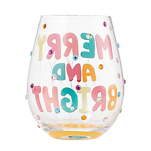 Enesco Designs by Lolita Holiday Merry and Bright Hand-Painted Artisan Stemless Wine Glass, 20 Ounce, Multicolor