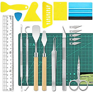 MMOBIEL 19 Pcs Vinyl A5 Cutting Mat Stainless Steel Craft Tool Set Including Scrapers, Professional Scalpel Knife, Spatula Spudgers, Ruler Tweezer and Scissors