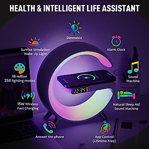 4 in 1 Led Wireless Charging Lamp with Bluetooth Speaker Alarm Clock,Smart Wireless Charger Atmosphere Lamp Night Light for Desk Govee Lamps Bedroom Decor (White)