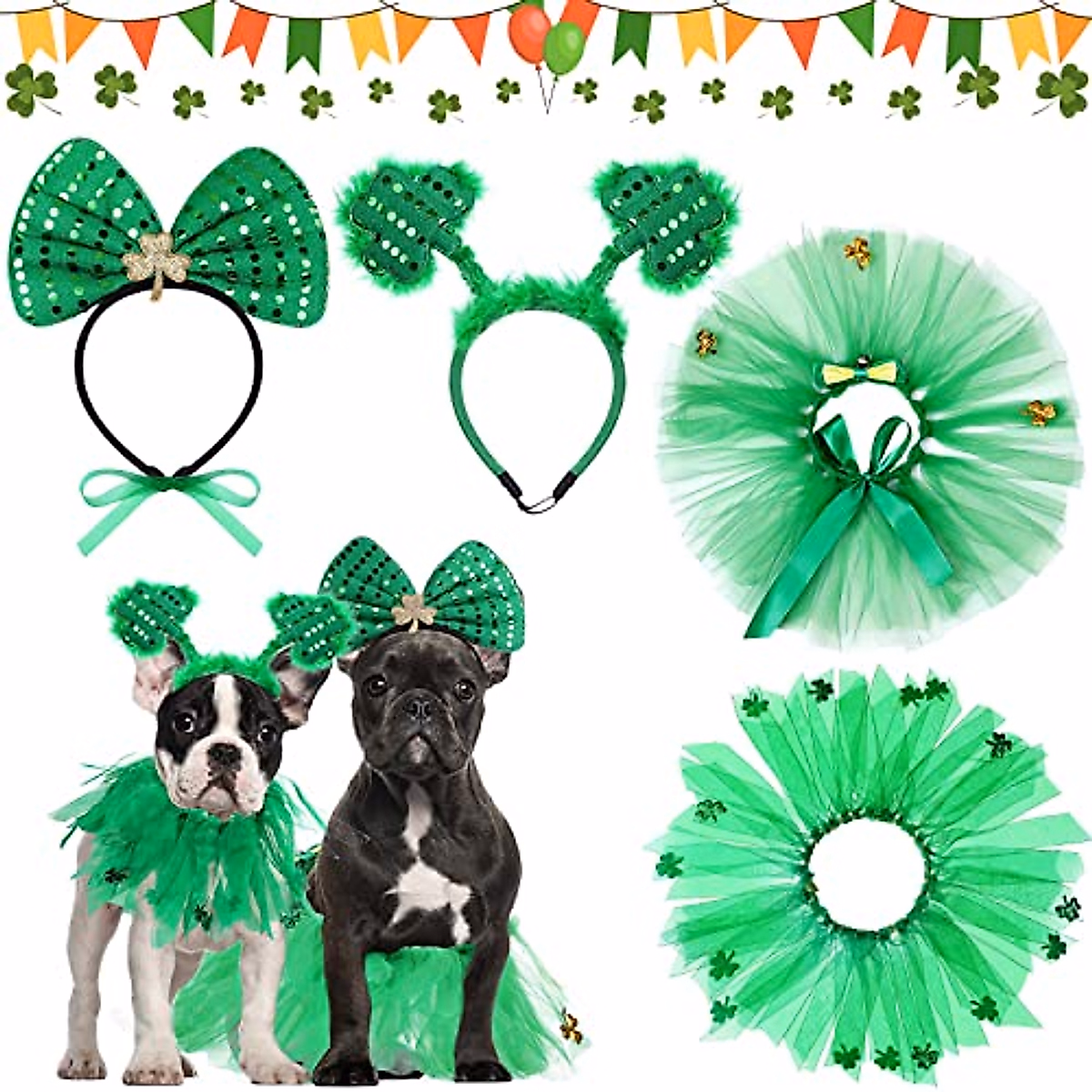 4 Pcs St Patrick's Day Dog Costume Pet Costume, Tutu for Dogs Sequins Bowtie Shamrock Headband Dog Dress Tutu Collar Green Puppy Skirt for St. Patrick's Day Irish Party Dog Pets Accessories Photo Prop