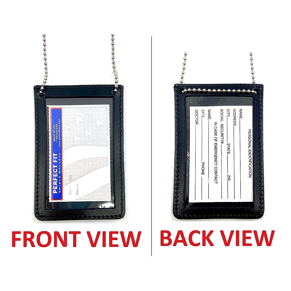 Neck Chain Double Sided ID Holder with 2 Clear Picture ID Windows, Leather Badge for Credential Pass to Wear Around The Neck for Police Law Enforcement, Business, Factory Worker (Black) (Vertical)