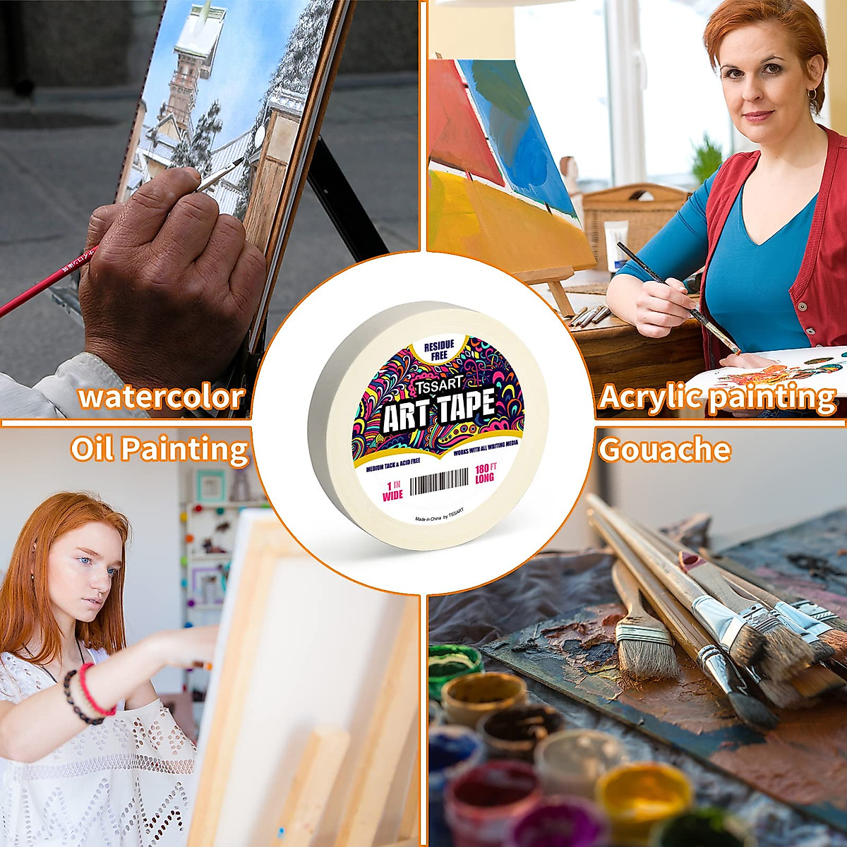 TSSART White Art Tape Medium Tack - Masking Artists Tape for Drafting Art Watercolor Painting Canvas Framing - Acid Free 1inch Wide 180FT Long