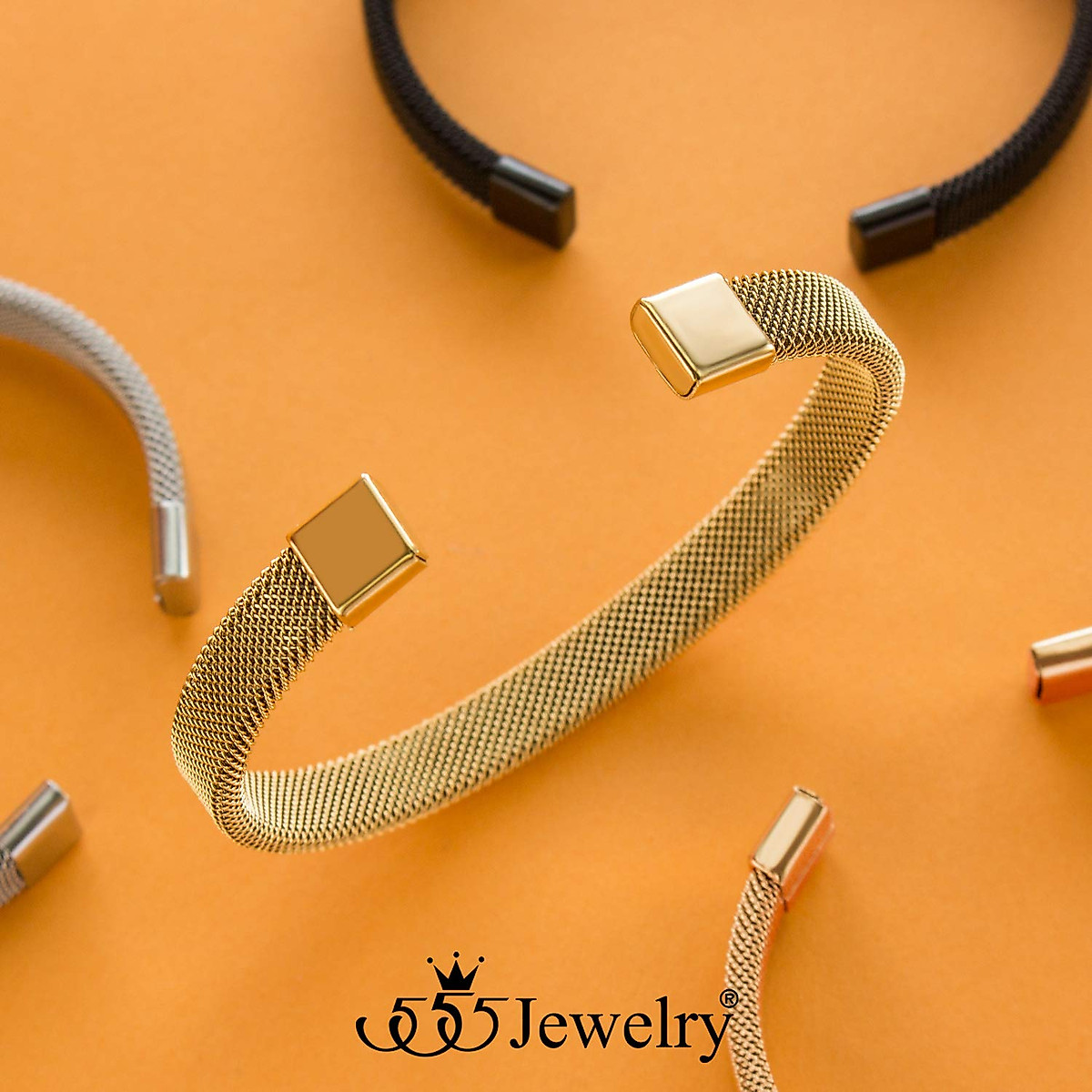 555Jewelry Stainless Steel Flexible Adjustable Cuff Bracelet, Unisex Open Bangle Bracelet, Mesh Bracelets for Women, Mens Cuff Bracelet, Mens Bangle Bracelet - Gold