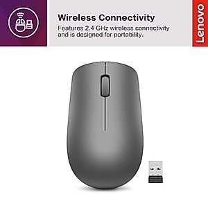 Lenovo 530 Full Size Wireless Computer Mouse for PC, Laptop, Computer with Windows - 2.4 GHz Nano USB Receiver - Ambidextrous Design - 12 Months Battery Life - Graphite Grey