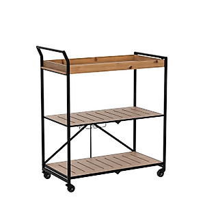MELLCOM Folding Bar Cart Kitchen Serving Cart on Lockable Wheels 3-Tier Rolling Utility Cart with Glass Holders for Home Kitchen, Rustic Brown