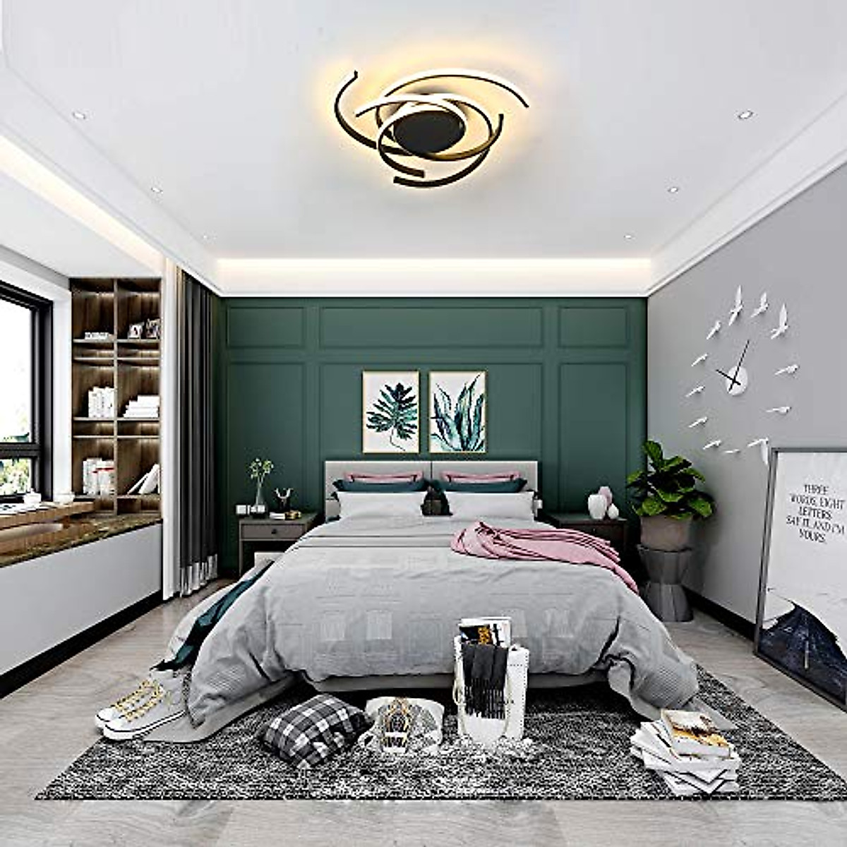Phlilqe Modern LED Ceiling Light Dimmable Chandelier Living Room Kitchen with Remote Control Hanging Lamp, Dining Room Flush Mount Acrylic Chic Ceiling Chandeliers Lighting for Bedroom (Black, 22")