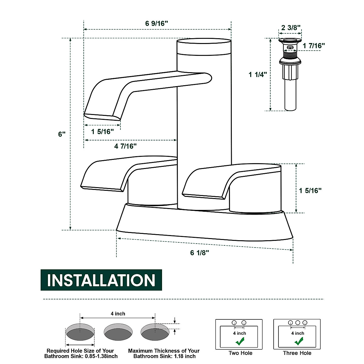 Matte Black Waterfall Bathroom Sink Faucet - HEISOK 4 Inch Bathroom Faucet with Overflow Pop Up Drain & Supply Hose, Stainless Steel 2 Handles Centerset Lavatory Vanity Bath Faucet for 2 or 3 Hole