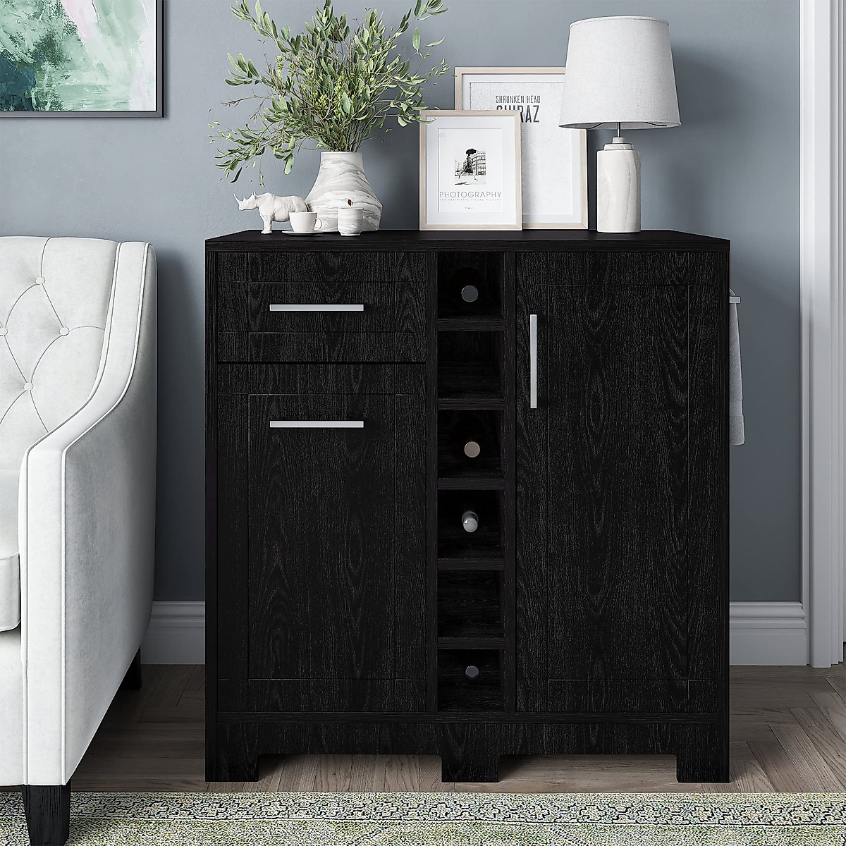 BELLEZE Wine Cabinet with Drawers, Storage Shelves and 6-Bottle Wine Rack, Sideboard Buffet, Coffee Bar, Cupboard for Dining Room, Kitchen, Living Room -Vietti (Light Black)