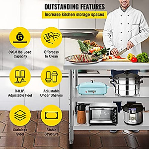 VEVOR Outdoor Food Prep Table, 36x18x34 inch Commercial Stainless Steel Table, 2 Adjustable Undershelf BBQ Prep Table, Heavy Duty Kitchen Work Table, for Garage, Home, Warehouse, and Kitchen Silver