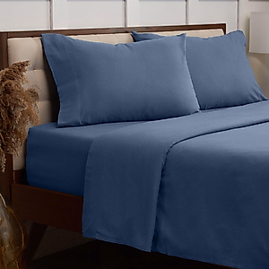 Mellanni Flannel Cotton Full Size Bed Set - Double Brushed for Extra Softness & Comfort - Luxury Lightweight Blue Sheets Set - Deep Pocket Fitted Sheet up to 16 inch - 4 PC Set (Full, Blue)