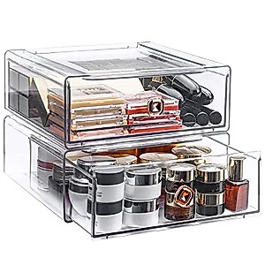 Homde Stackable Storage Containers Box with Pull-Out Drawer - Stacking Plastic Drawers Bins for Kitchen Pantry and Cupboard, Cabinet, Counter, Island and Tables - 2 Pack - Clear