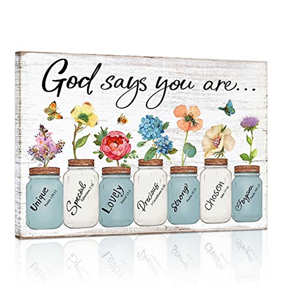 Inspirational Floral Canvas Wall Art: God Says You Are Positive Quotes Wall Decor, Flowers in Mason Jar Picture Motivational Bible Verse Poster for Women Bedroom Home Decoration 10" x 15"