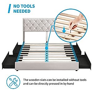 Mjkone Queen Platform Bed Frames with 4 Storage Drawers, Velvet Upholstered Bed Frame Has Adjustable Button Tufted Headboard, No Box Spring Needed/Easy Assembly/No Mattress (Beige, Queen Size)