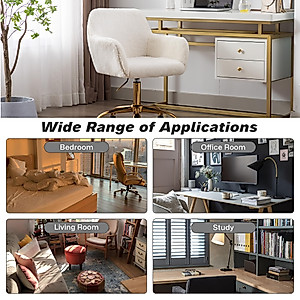 KCC Faux Fur Office Desk Chair, Comfy Swivel Armchair with Wheels, Upholstered Fuzzy Vanity Chair, Adjustable Height, White