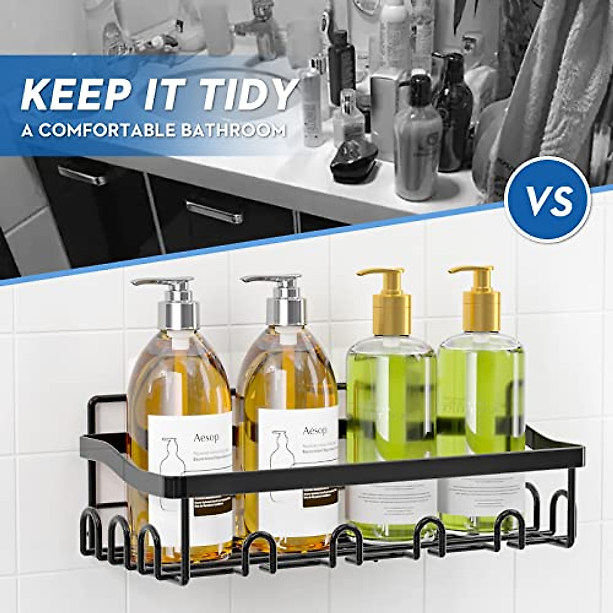 SIXDOVE 3 Pack Shower Caddy Shelves With 22 Hooks, Soap Holder Organizer Wall Mounted Shower Rack Basket With No Drilling Adhesive Shower Caddy Rustproof Storage Organizer (Black)