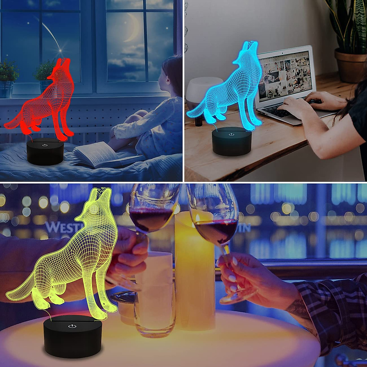 FULLOSUN Wolf Gift 3D Light, Optical Illusion Bedside Night Lamp, 16 Color Changing with Remote Control Creative Room Decor Best Birthday for Kids Boys Men