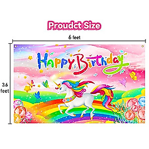 Ufocusmi Rainbow Unicorn Happy Birthday Backdrop, Unicorn Birthday Decorations for Girls, Unicorn Themed Party Background Banner 6x3.6 Feet