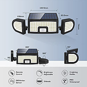 Solar Outdoor Lights Motion Sensor, 125 LED Waterproof IP65, 360° Adjustable 3 Heads Motion Sensor Lights with Remote Control, Wireless Security Lights Motion Outdoor Garden Garage Porch Yard