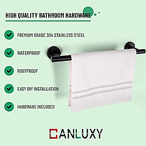 CANLUXY Towel Bar Hand Towel Rack Holder with 2 Small Transparent Hooks, Modern Towel Bar Black Matte