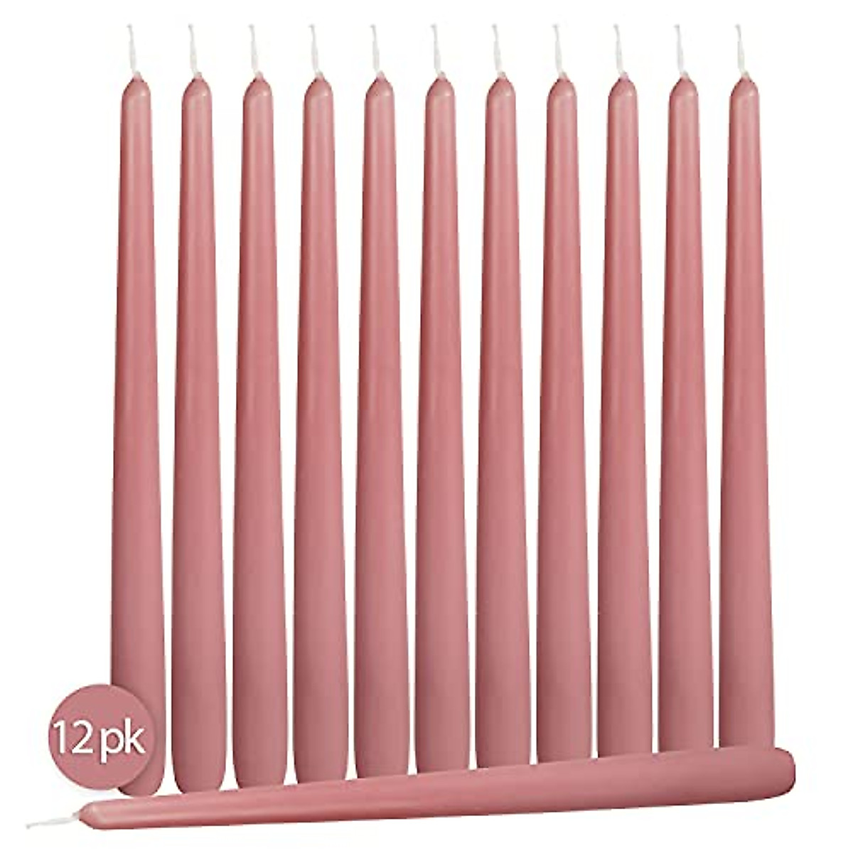 12 Pack Tall Taper Candles - 10 Inch Rose Pink Dripless, Unscented Dinner Candle - Paraffin Wax with Cotton Wicks - 8 Hour Burn Time