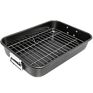 Roasting Pan with Rack and Handles - 15 Inch Carbon Steel Roaster Pan for Oven - Large Roaster Pot for Turkey Chicken Meat & Vegetables, Dishwasher Safe, Heavy Duty, Black