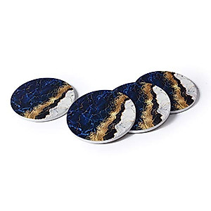 RoomTalks Blue and Gold Marble Coasters for Drinks Absorbent 4PCS Modern Abstract Ceramic Coaster Set Cork Back Glitter Stone Coasters for Wooden/Coffee Table (Navy, 4 Pieces)
