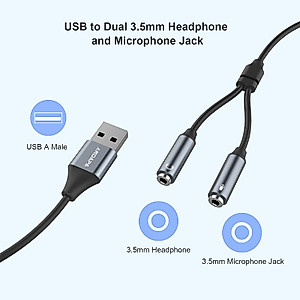 USB Headset Adapter,ANDAPA USB Audio Adapter Stereo External Sound Card with 3.5mm Headphone and Microphone Jack for Windows Mac Linux PC Laptops Desktops PS5