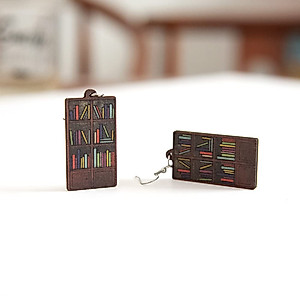 twinkle eye Double Sided Bookcase Wooden Earrings, Bookcase Dangle Earrings With Book Shelves Patterned Pendant Earrings, Gifts For The Beginning Of School Season