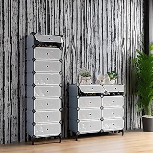 UNZIPE Shoe Rack Cabinet, 8-Tier Shoe Storage Organizer for Entryway, 16 Pairs Plastic Shoe Shelves with Door DIY Freestanding Shoes Tower with Covered for Closet Bedroom Hallway Garage, Dark Grey