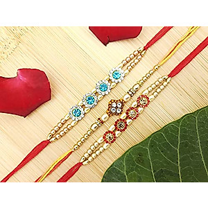 Palak Global Rakhi Bracelet, Wrist Band. Fancy unique beautiful stones blue white, red stones, gift celebration (Fancy Rakhi Set of 3 - Design 1, Small) (PLK32)