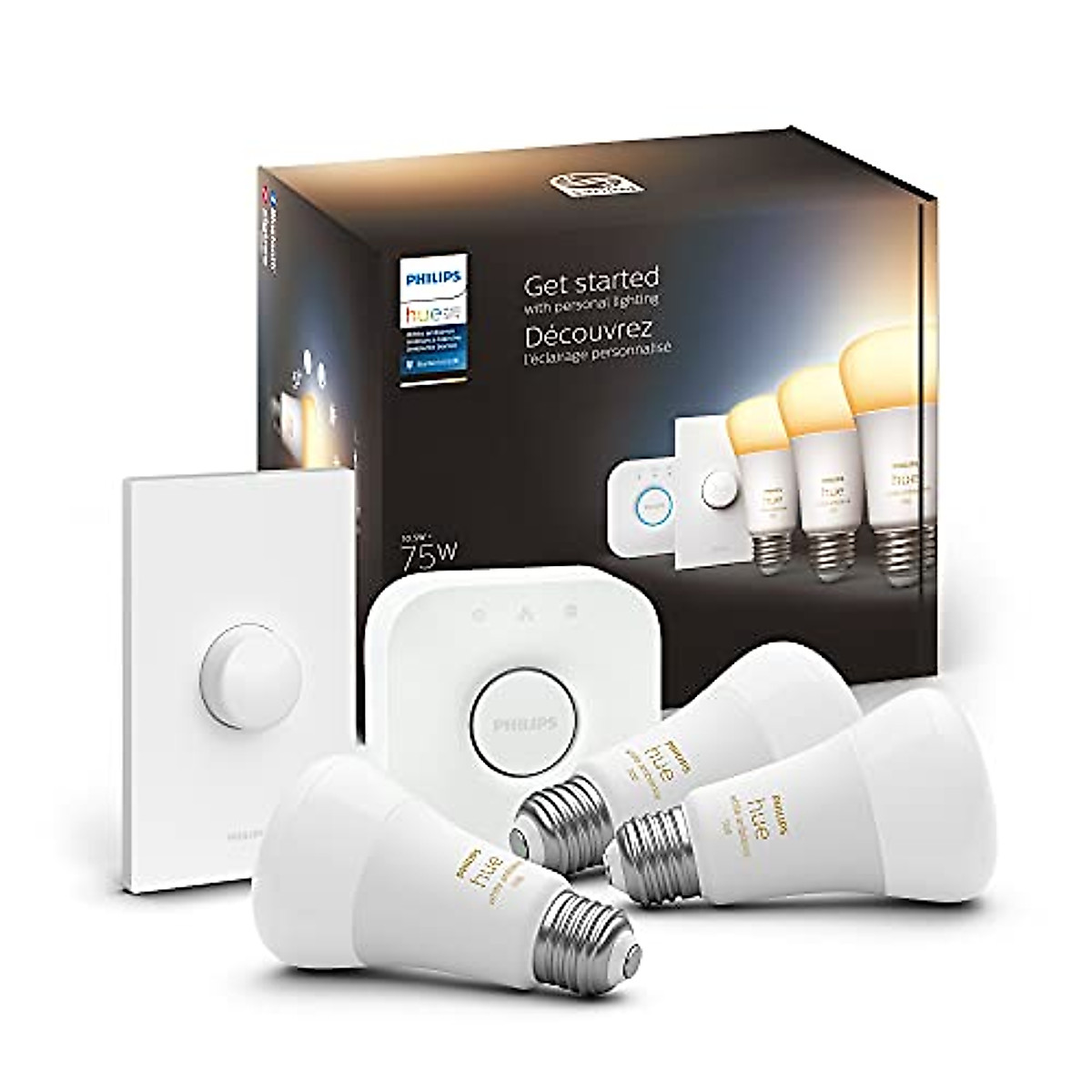 Philips Hue White Ambiance Medium Lumen (75W) Smart Button Starter Kit, Hub Included, 16 Millions Colors, Works with Amazon Alexa, Google Assistant, Apple HomeKit