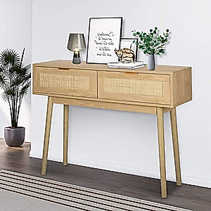 LAZZO 39" Console Table, Oak Grain Sofa Table with Wood Frame, Rustic Hallway Table with 2 Bamboo Weaving Storage Drawers for Foyer Living Room Entryway